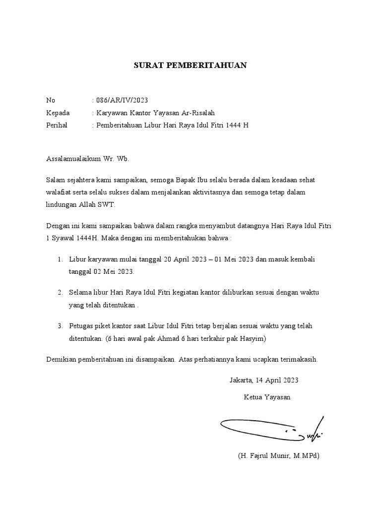 SURAT PEMBERITAHUAN LIBUR | PDF