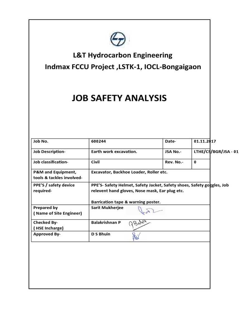 JSA For Earth Work & Excavation | PDF