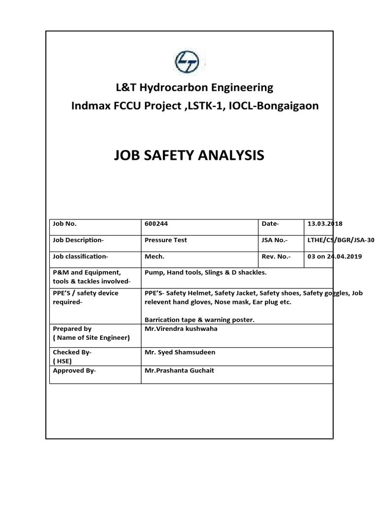 JSA for Pressure test 2ND REVISION | PDF | Welding | Construction