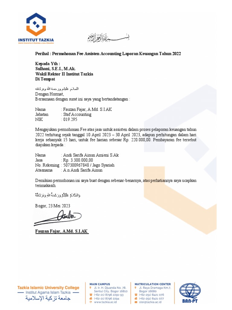 Surat Permohonan Fee Ainun | PDF
