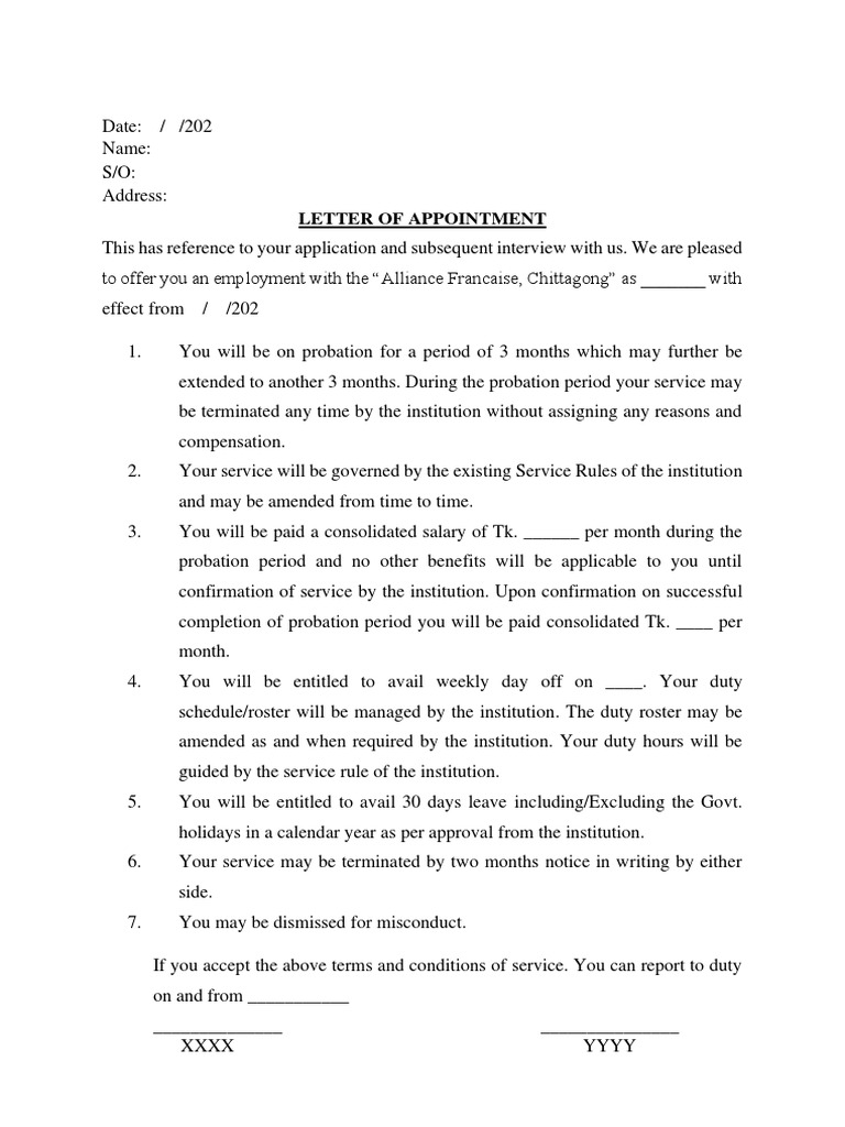 Appointment Letter Format 20230622 | PDF