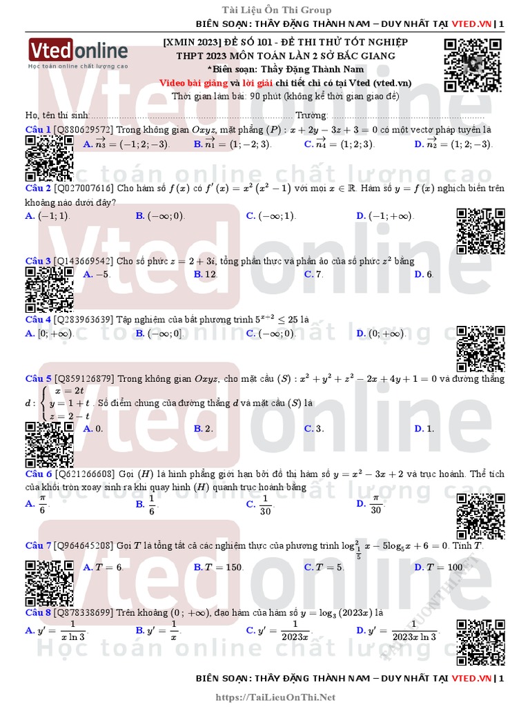 (XMIN 2023) Đề Số 101 - Đề Thi Thử Tốt Nghiệp THPT 2023 Môn Toán Lần 2 Sở Bắc Giang | PDF