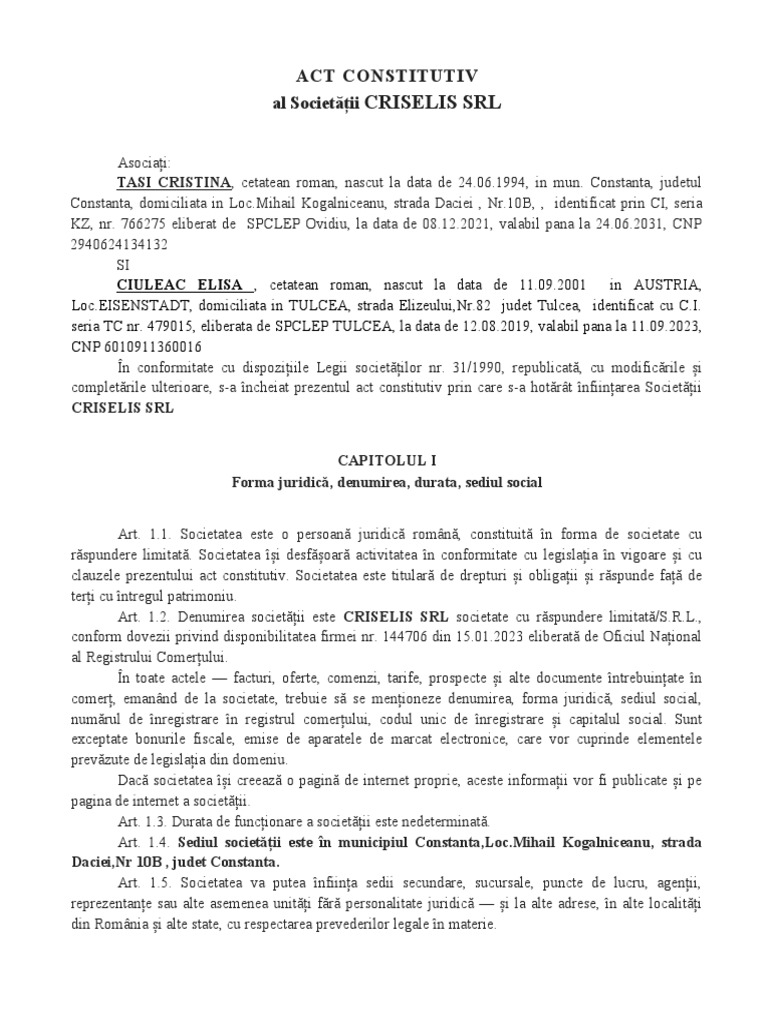 Act Constitutiv CRISELIS SRL | PDF
