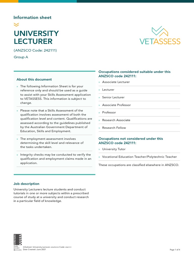 VETASSESS Information Sheet_UniversityLecturer | PDF | Academic Degree ...