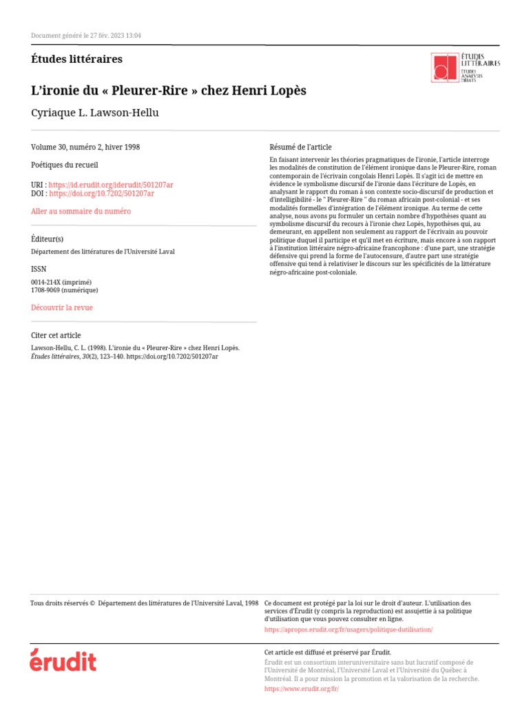 L'ironie Du Pleurer-Rire Chez Henri Lopès: Cyriaque L. Lawson-Hellu | PDF