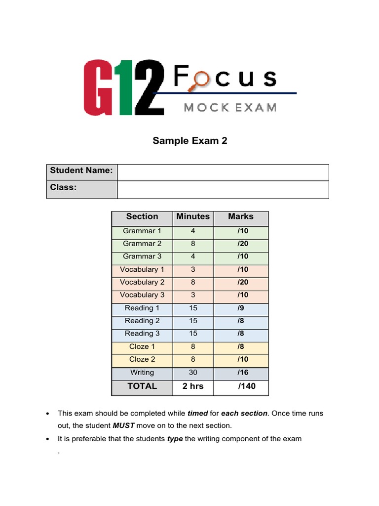 G12 Focus Intervention - Sample Exam 2 | PDF