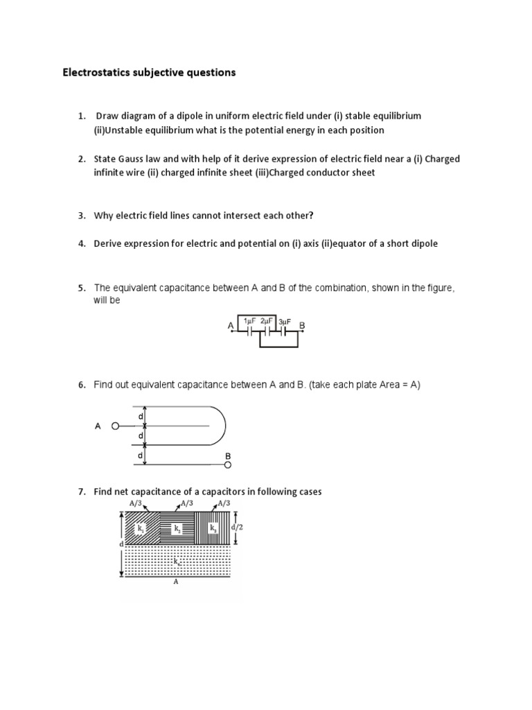 Electrostatics subjective questions | PDF