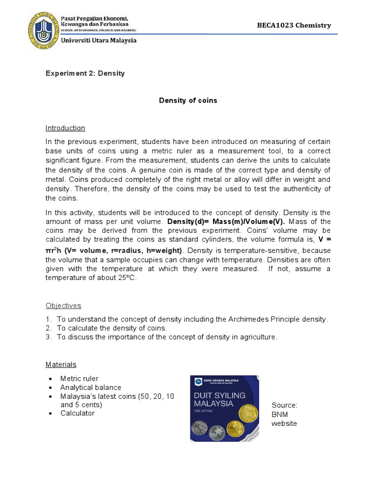 Experiment 2 - Density - Coin | PDF | Density | Volume