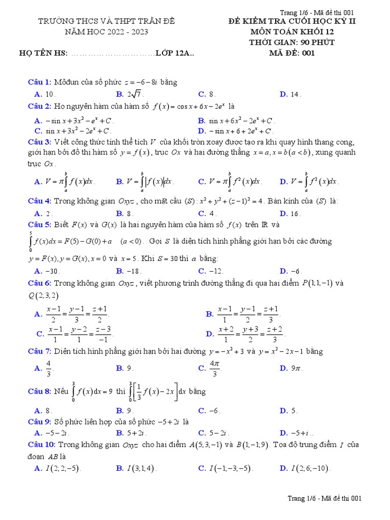 De Cuoi Ky 2 Toan 12 Nam 2022 2023 Truong Thcs THPT Tran de Soc Trang | PDF