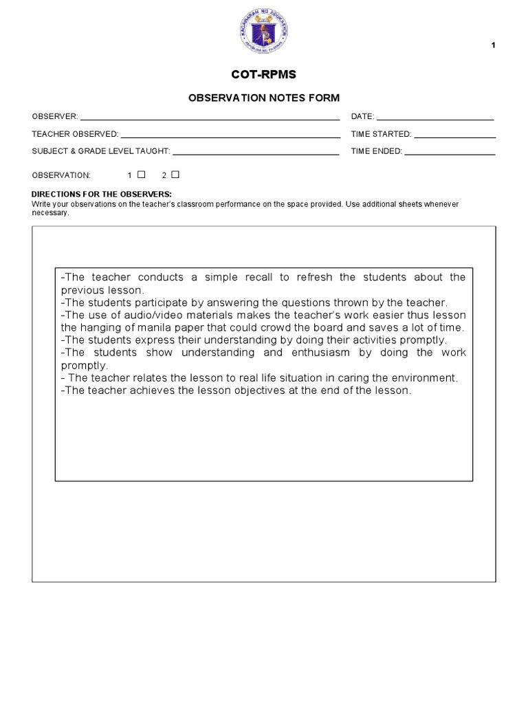 Appendix 3E COT RPMS Observation Notes Form | PDF | Teachers | Learning