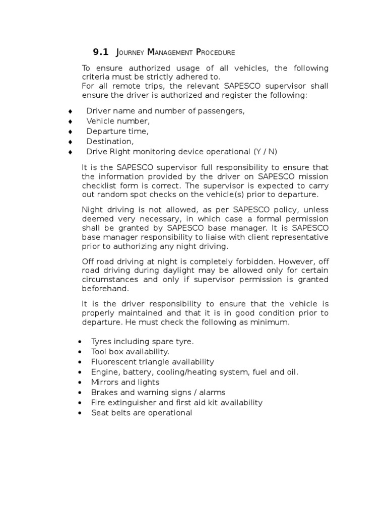Journey Management Procedures - Englis | PDF | Vehicles | Driving