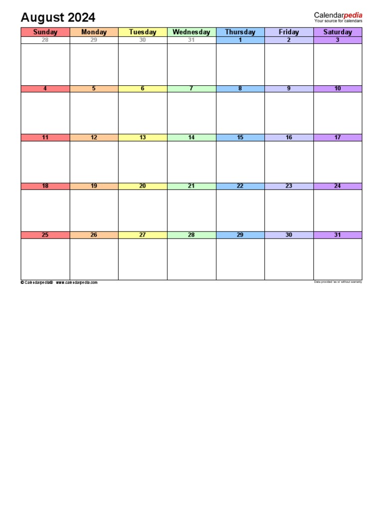 August 2024 Calendar Landscape | PDF