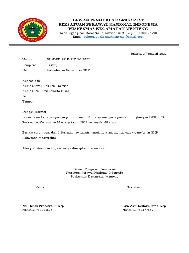 001 Surat Permohonan Penerbitan SKP Pelayanan 2021 | PDF