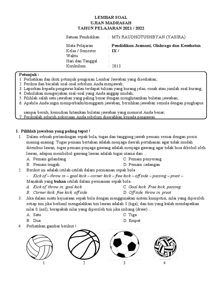 Soal Pas Pjok Kls 9 k13 - Mts Yasira | PDF | Olahraga & Rekreasi