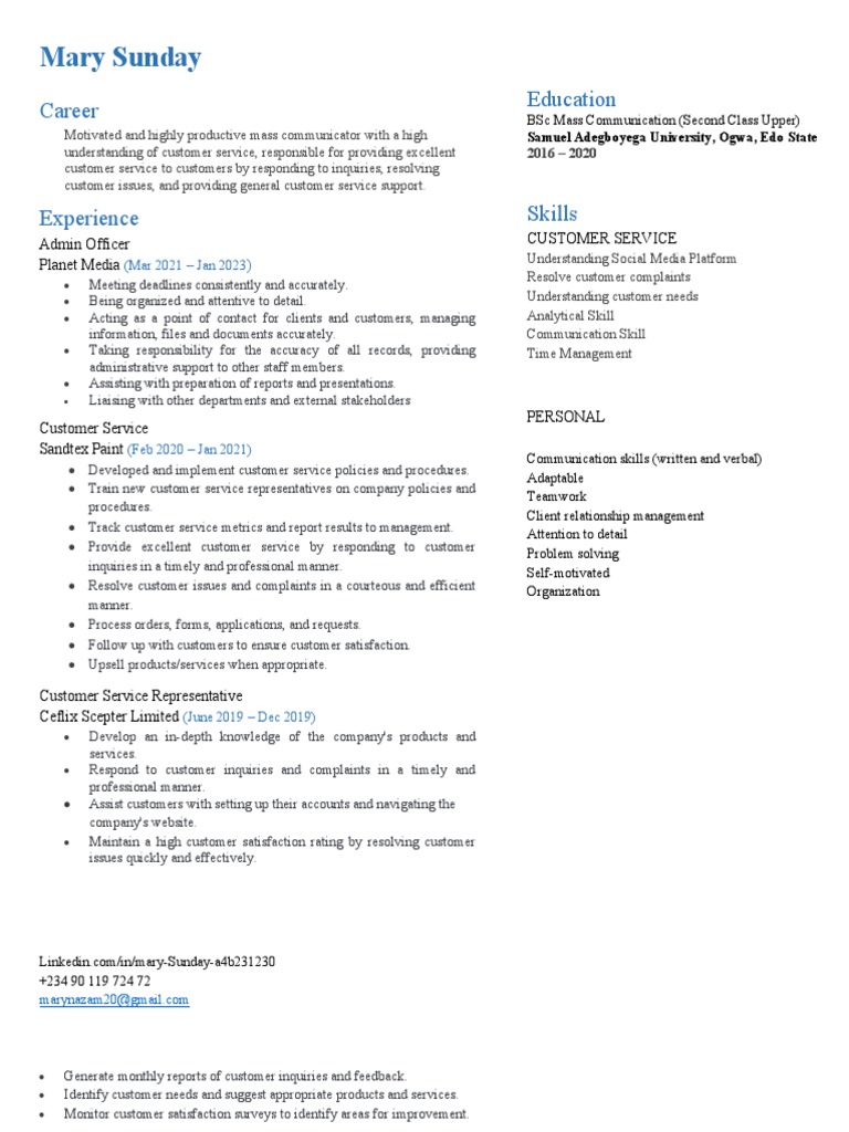 May CV CSR | PDF | Customer | Communication