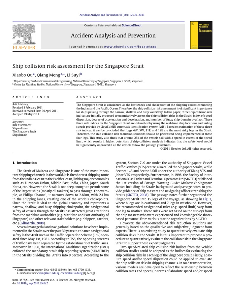 Ship Collision Risk Assessment For The Singapore Strait Download Free Pdf Strait Of Malacca 