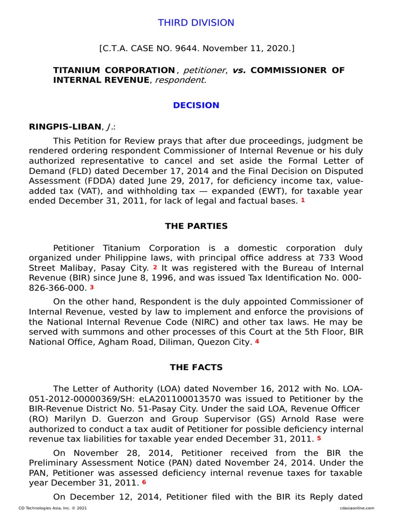Tax Dispute: Titanium Corp vs. CIR | PDF | Taxes | Internal Revenue Service