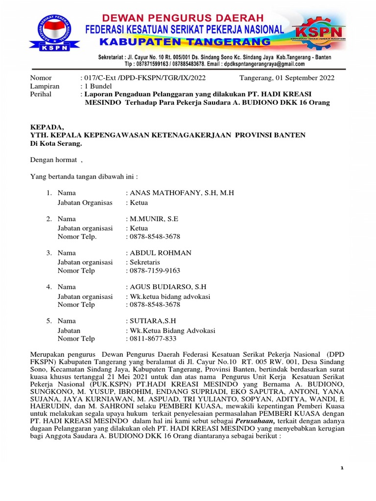 Laporan Pengaduan Wasnaker | PDF | Hukum