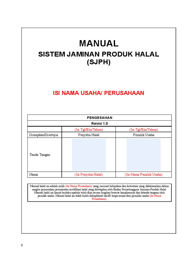 Template Manual SJPH (Sistem Jaminan Produk Halal) | PDF
