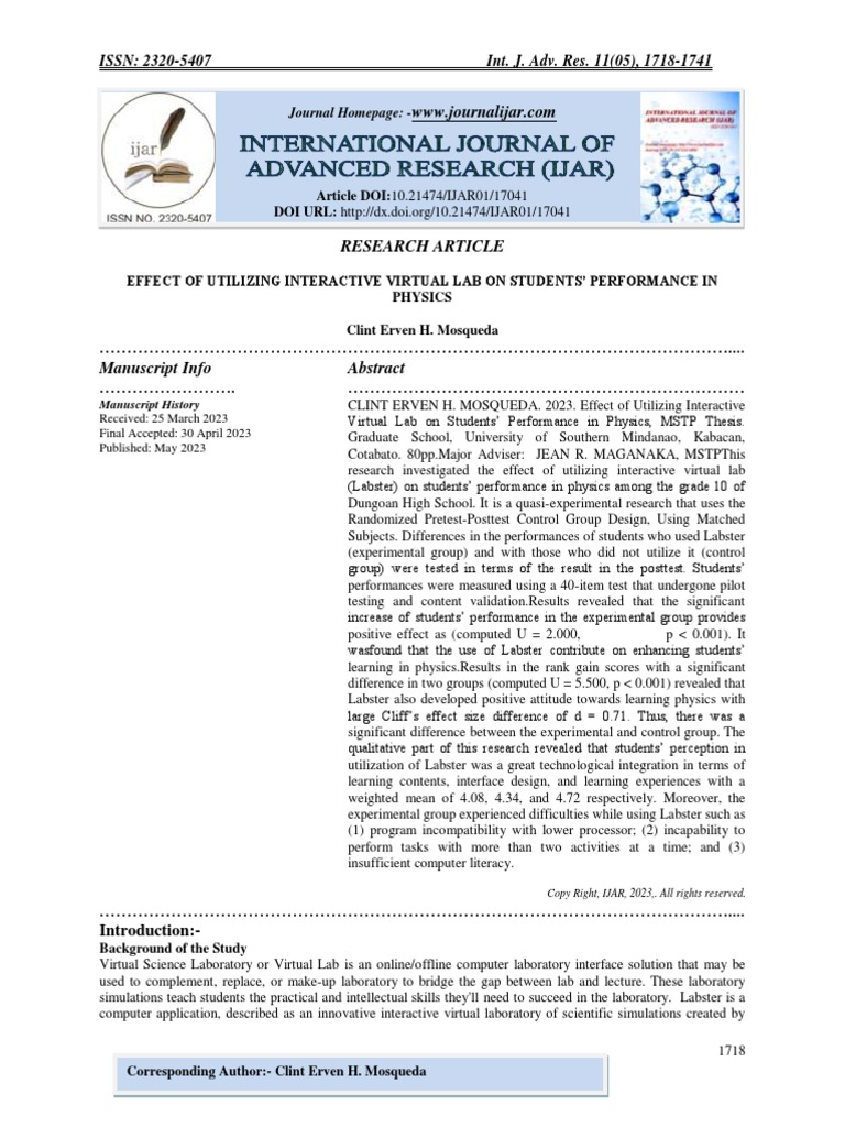 Effect of Utilizing Interactive Virtual Lab On Students Performance in ... Effect of Utilizing Interactive Virtual Lab On Students Performance in ...