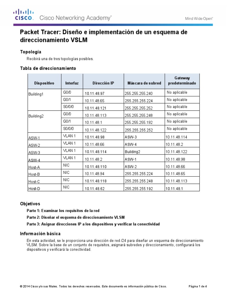 Packet Tracer: Diseño e Implementación de Un Esquema de Direccionamiento VSLM | PDF | Dirección ...
