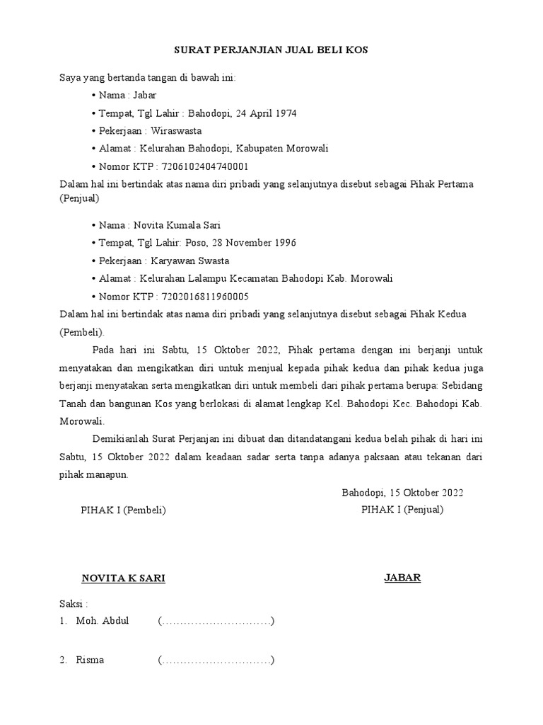 Surat Perjanjian Jual Beli Kos | PDF