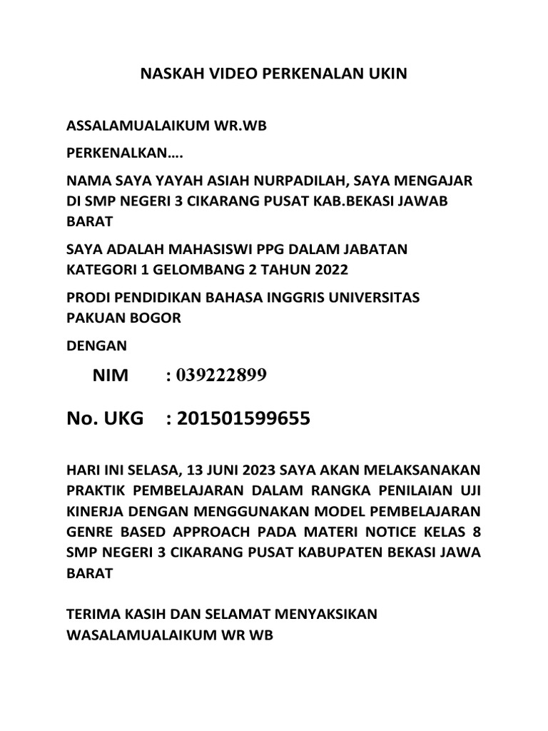 Naskah Video Perkenalan Ukin | PDF