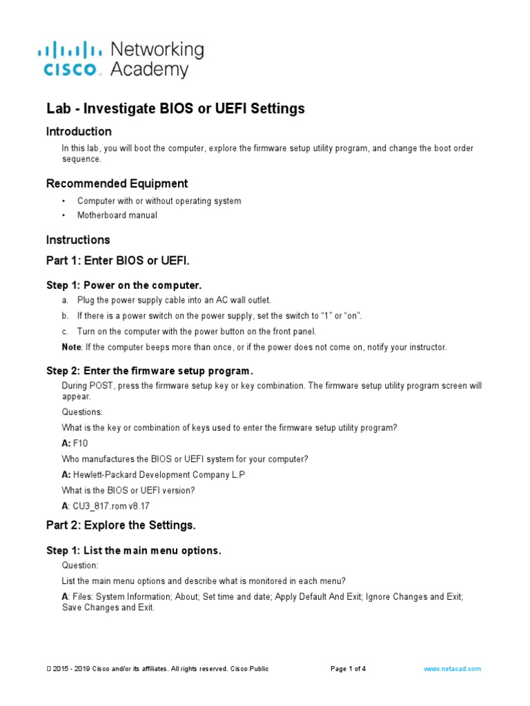 Answering... 3.1.1.6 Lab - Investigate BIOS or UEFI Settings | PDF | Booting | Bios