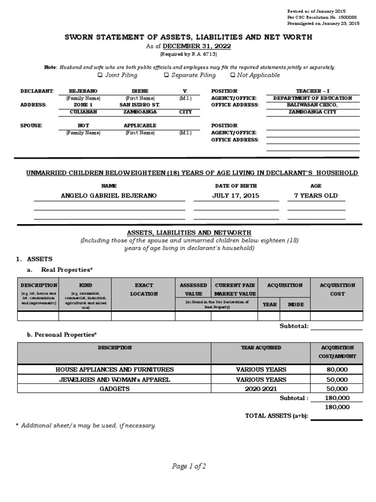 Sworn Statement of Assets, Liabilities and Net Worth | PDF | Net Worth ...