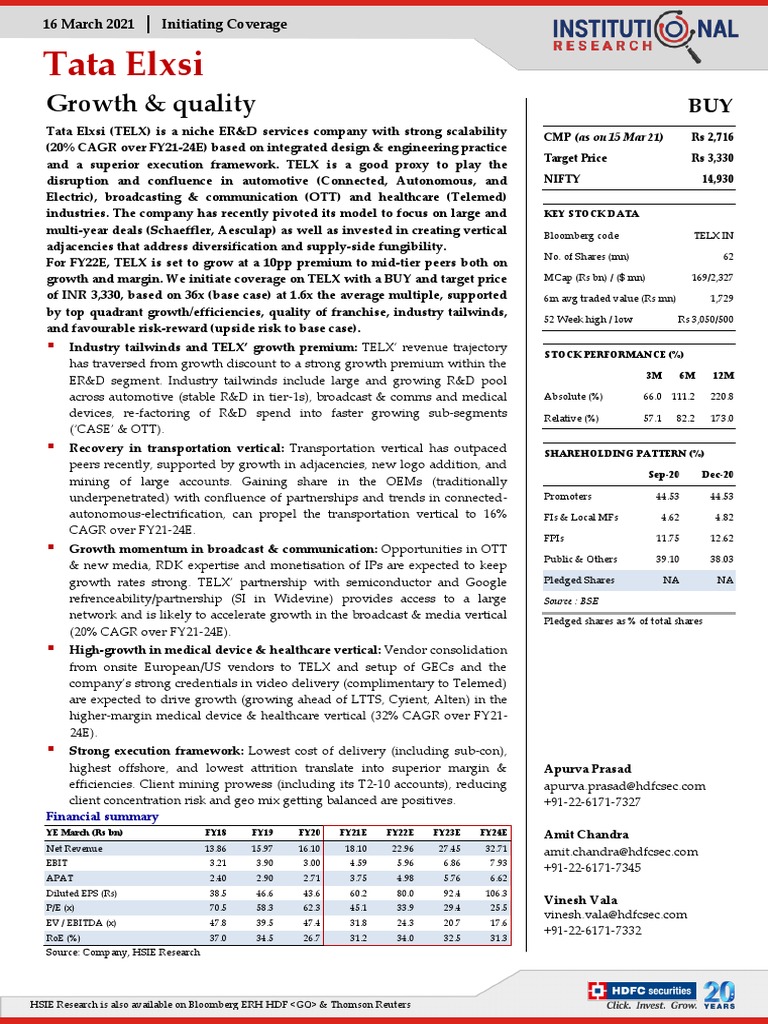 Tata Elxsi - Initiating Coverage - HSIE-202103161136119562073 | PDF | Car | Embedded System