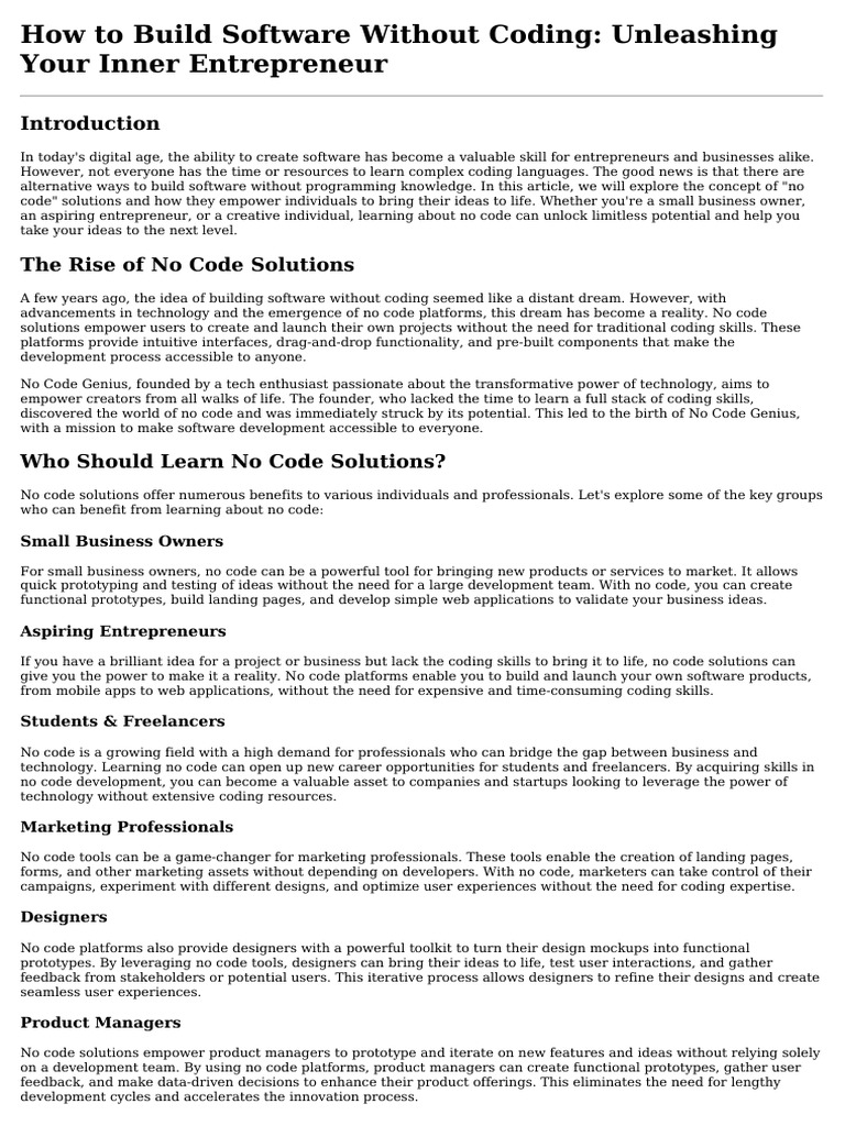 Unleash Your Inner Entrepreneur - Launching Your Saas Company Without Any Coding Skills! | PDF ...