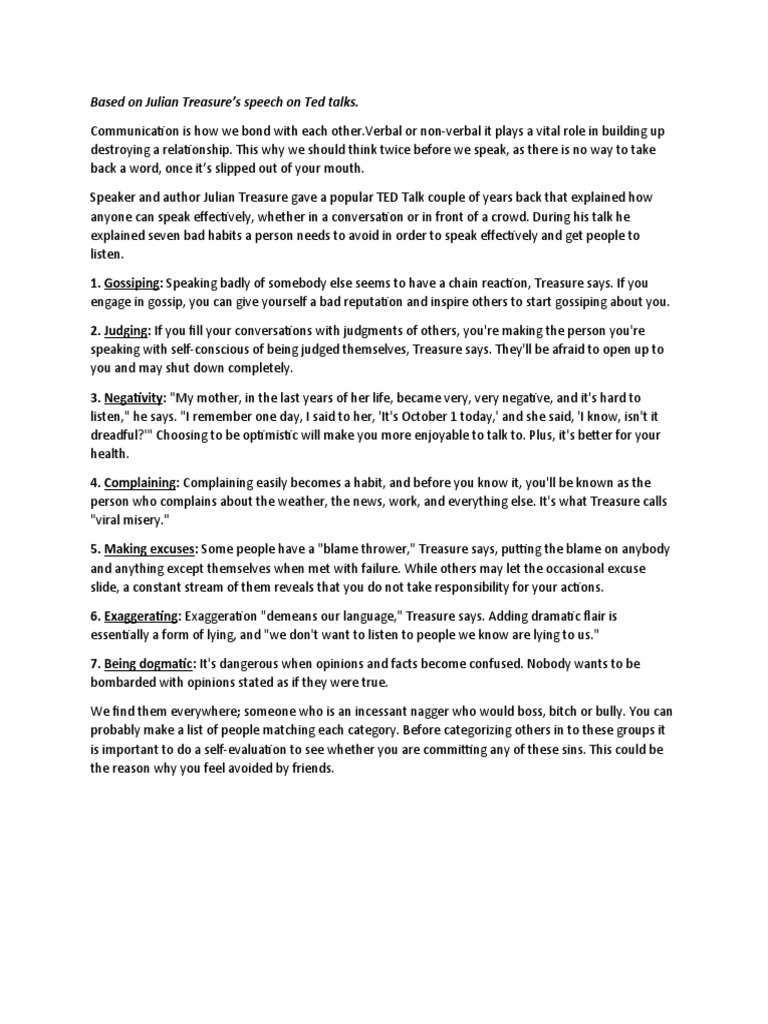 7 Deadly Sins of Speaking Based On Julian Treasure | PDF | Human ...