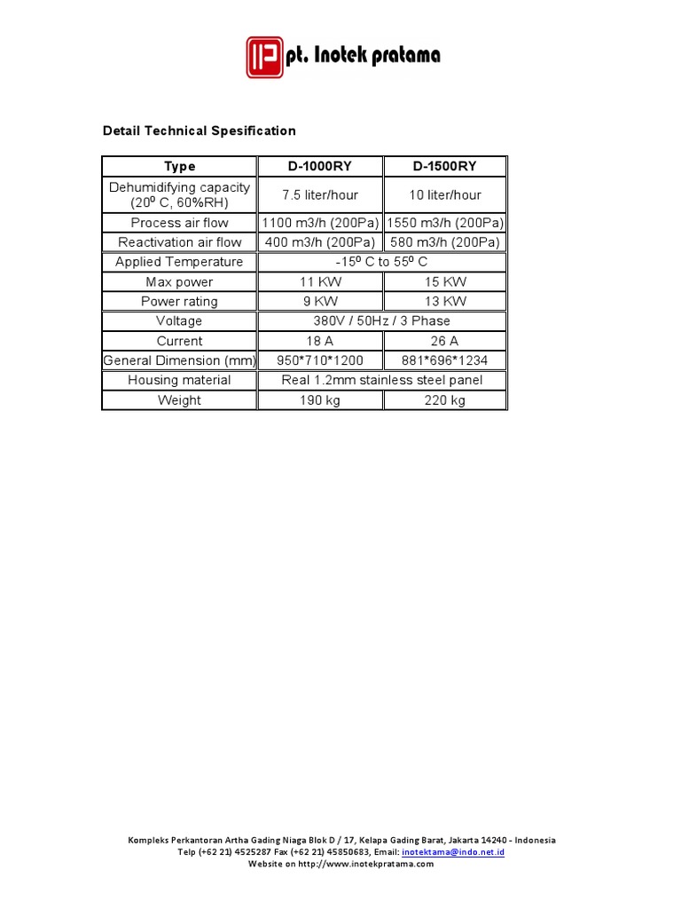 Dehumidifier Technical Spesification | PDF
