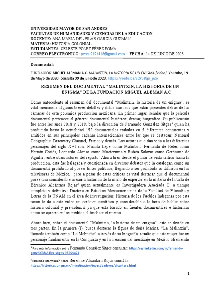 Polet Perez, Resumen Del Documental "Malintzin, La Historia de Un ...