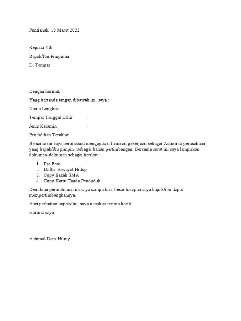 Surat Lamaran Dio Febrianto | PDF