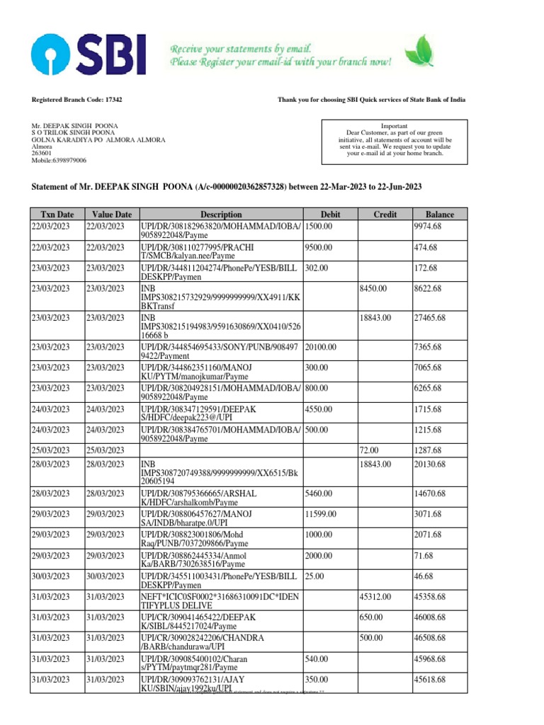 Deepak Bank Statement | PDF | Debits And Credits | Payments