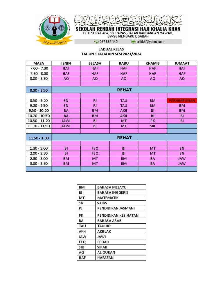 Jadual Kelas Tahun 1 Jalalain 2023 | PDF