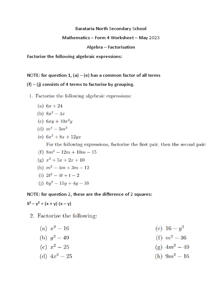 algebra factorisation worksheet | PDF