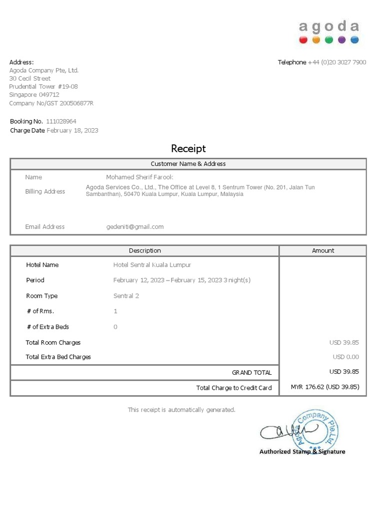 Agoda Booking ID 111028964 RECEIPT | PDF