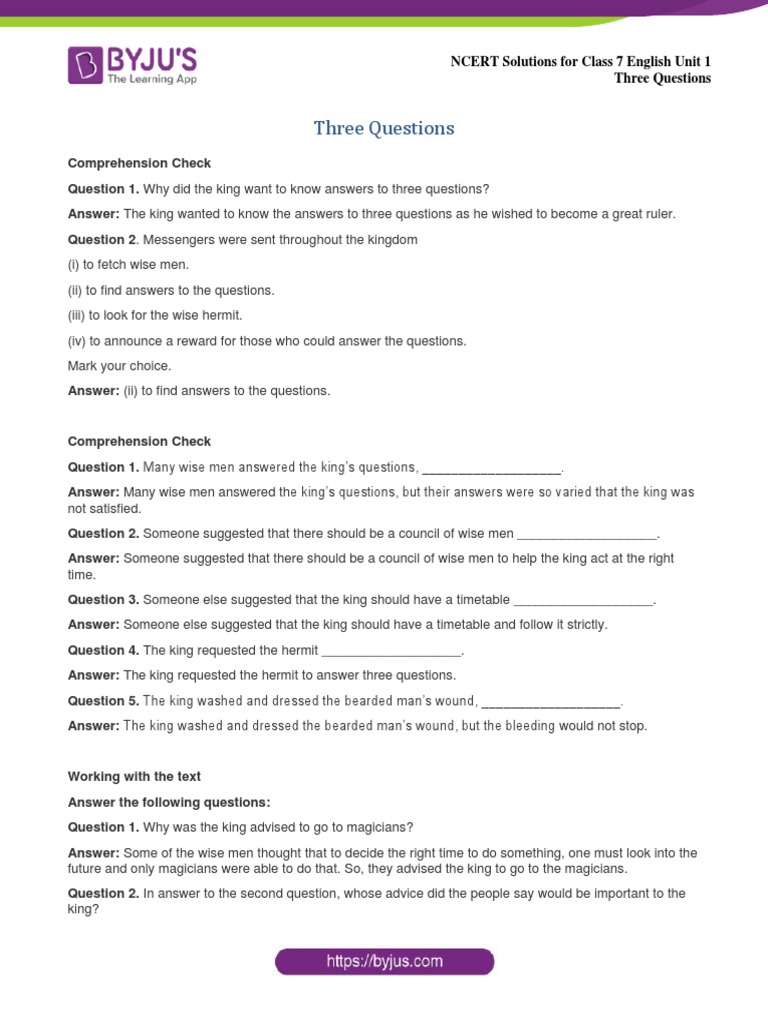 NCERT-Solutions-for-Class-7-English-Unit-1-Three-Questions | PDF