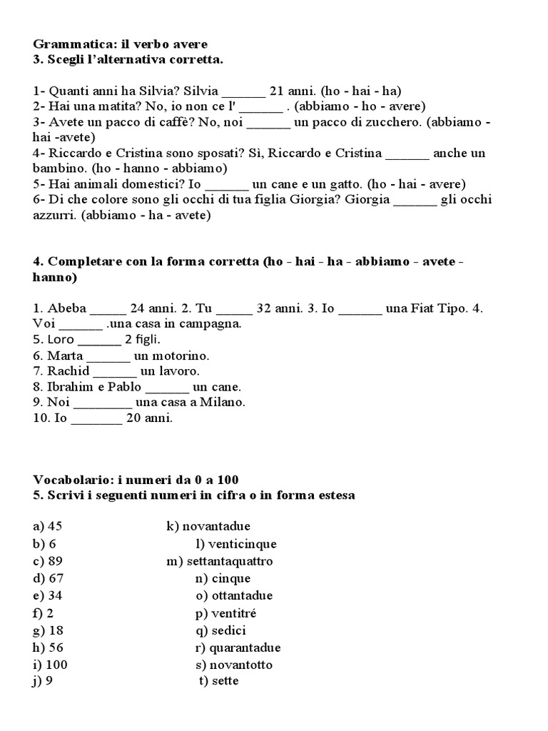 Grammatica Italiana Esercizi A1 | PDF