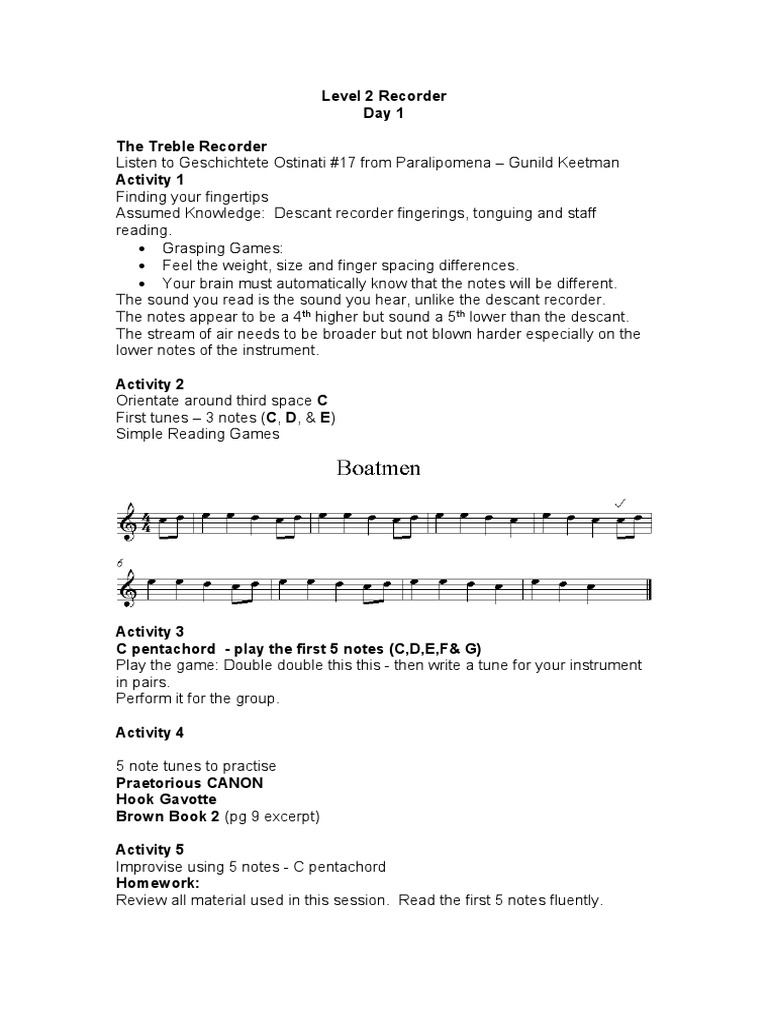 Orff Level 2 Recorder notes | PDF | Recorder (Musical Instrument) | Clef