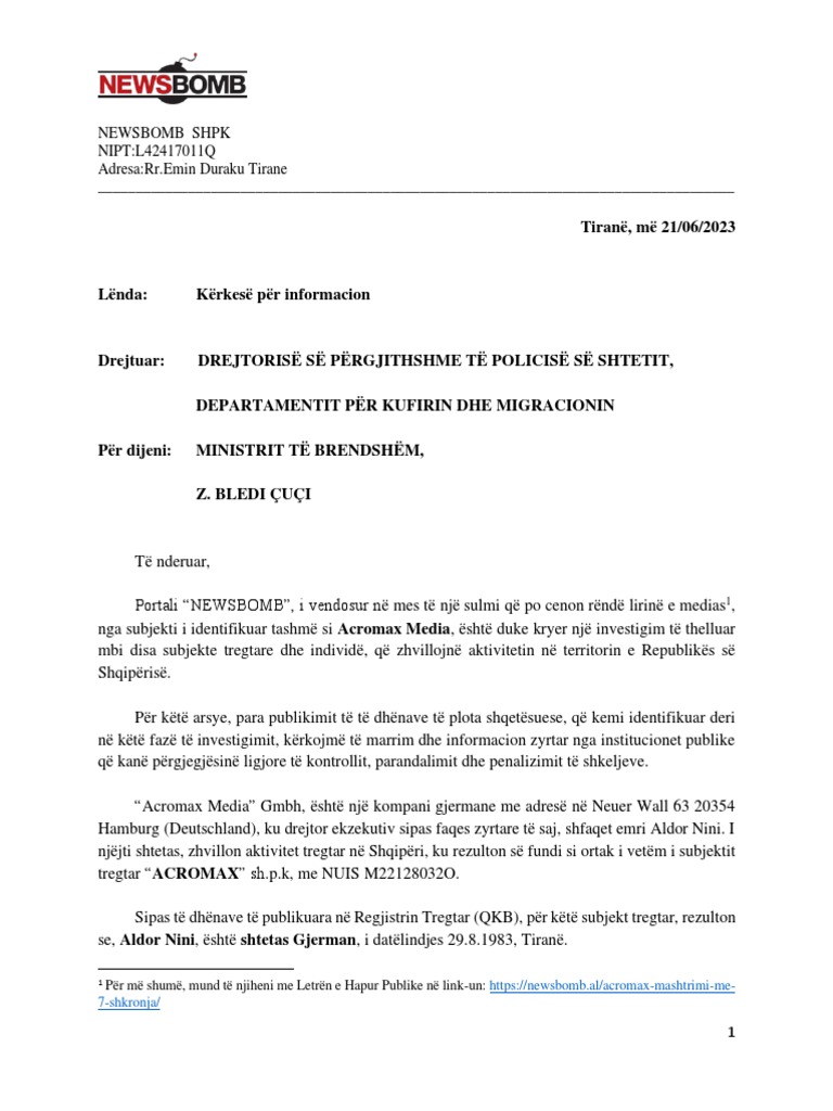 Kerkese Per Informacion Policise Se Shtetit - Newsbomb - Al | PDF