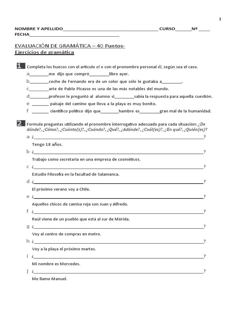 Evaluación de Gramática en Español | PDF