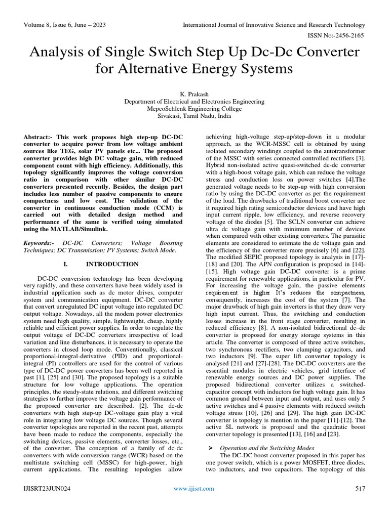 Analysis of Single Switch Step Up DC-DC Converter For Alternative ...
