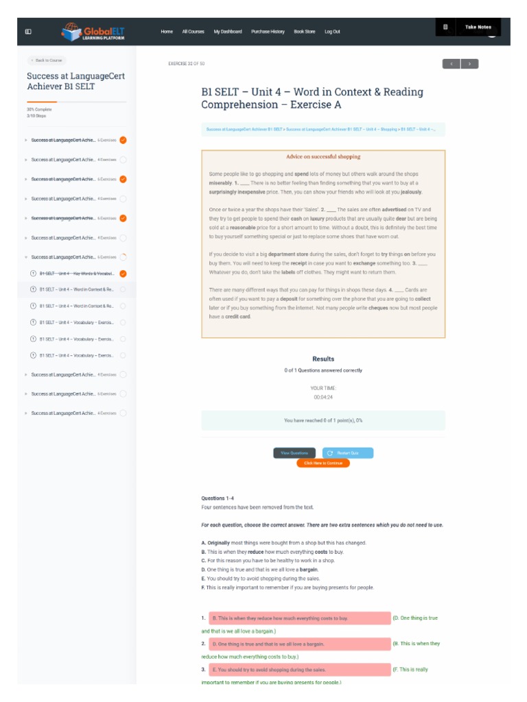 Screencapture Globalelt Digital Courses Success at Languagecert Achiever b1 Selt Modules Success ...