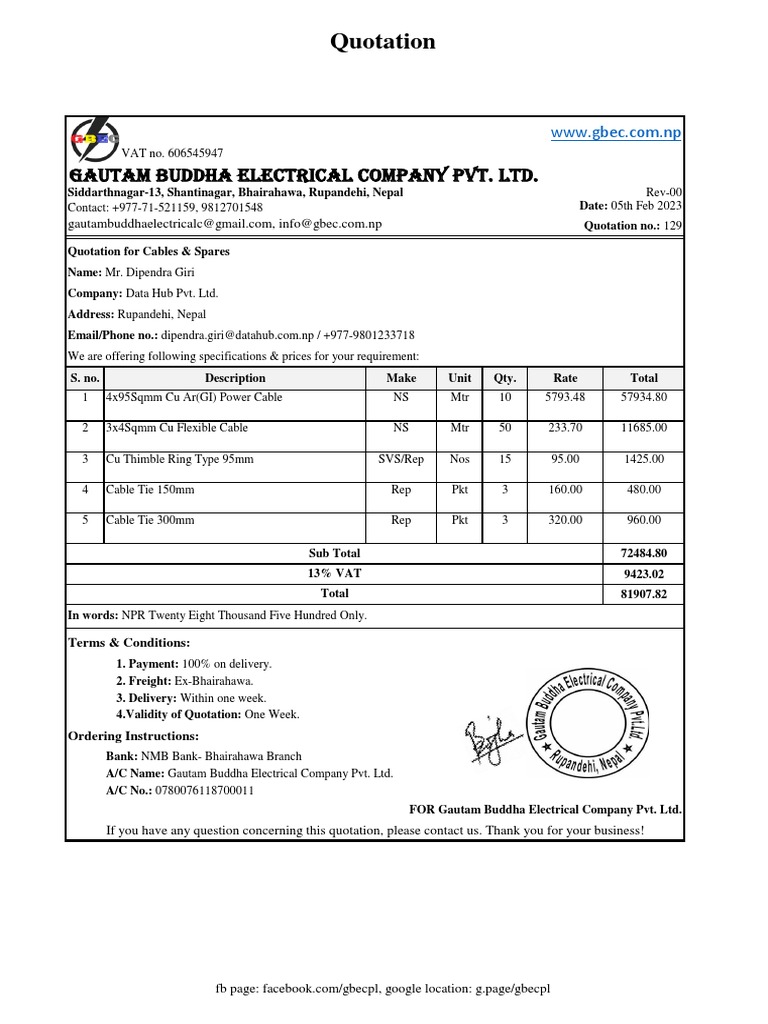 Gautambuddha Cable Quotation | PDF