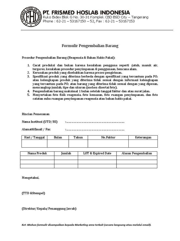 Formulir Pengembalian Barang | PDF Formulir Pengembalian Barang | PDF