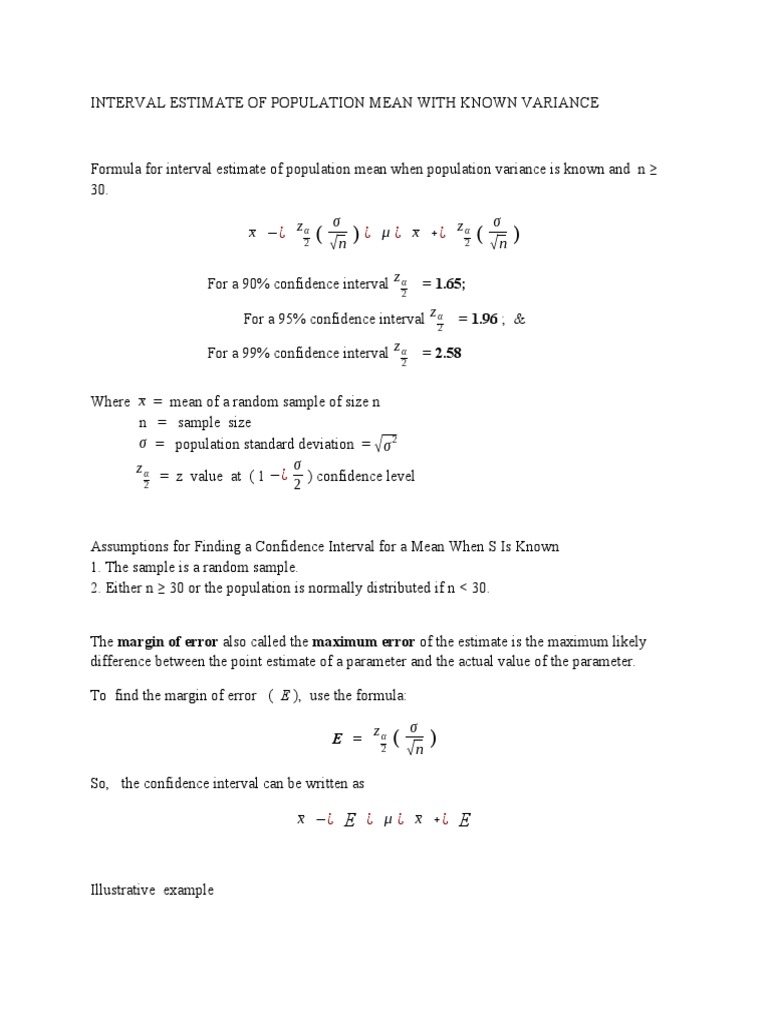 INTERVAL ESTIMATE OF POPULATION MEAN WITH KNOWN VARIANCE Lecture in ... INTERVAL ESTIMATE OF POPULATION MEAN WITH KNOWN VARIANCE Lecture in ...