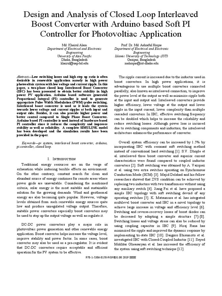 Design And Analysis Of Closed Loop Interleaved Boost Converter With Arduino Based Soft Pi